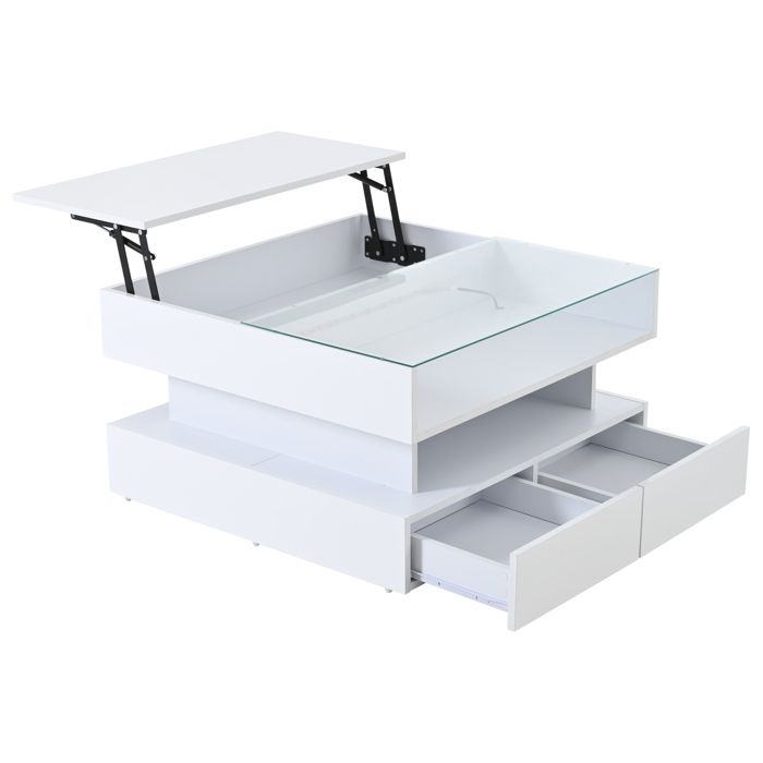 Table basse relevable avec rangement, 2 tiroirs et LED, verre trempé ...
