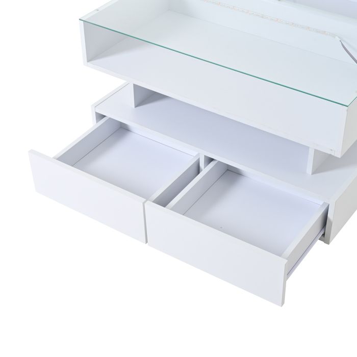 Table basse relevable avec rangement, 2 tiroirs et LED, verre trempé ...