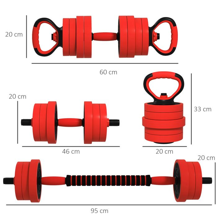 Kit Haltères 4-en-1 20kg, Convertible en Kettlebell, Barres et Poignées ...