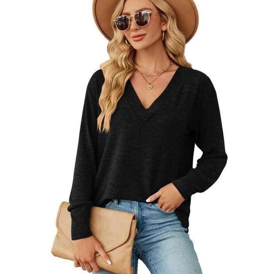 Pull Femme Col V Manches Longues Couleur Unie Pullover Lâche ...
