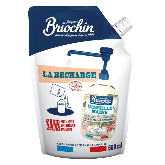 Briochin La Recharge Liquide Vaisselle Mains Sans Parfum au Savon de Marseille 500ml (lot de 4 ...