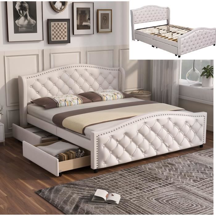 Merax Lit double capitonné en simili cuir blanc, avec 2 tiroirs ...