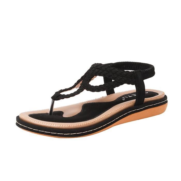 Sandales Femme Tressage Simili cuir Plage Ete - AIEVIS - Noir - Plat ...