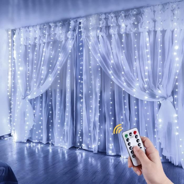 Rideau Lumineux 3m x 3m - 300 LEDs USB Guirlande Rideau Lumineuse avec 8 Modes d'éclairage pour ...
