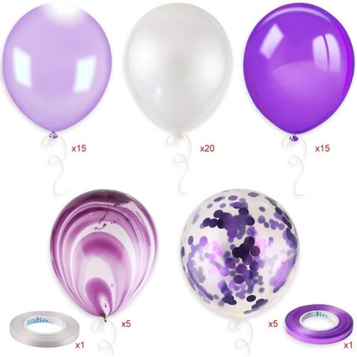 62 Pièces Latex Ballons Baudruche Confettis Ballons Violet Blanc ...
