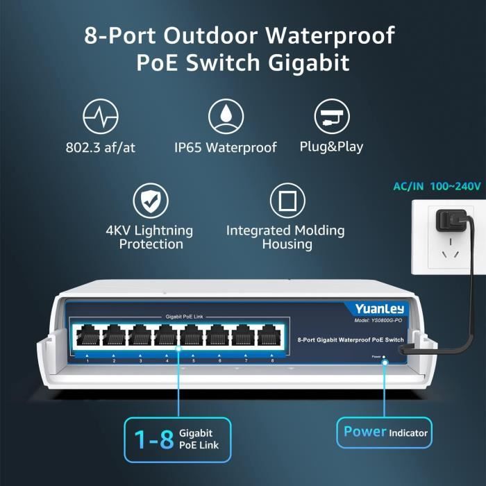 Switch PoE Gigabit 8 Ports Ethernet D'extérieur étanche Commutateur Réseau Non Géré 1000Mbps ...