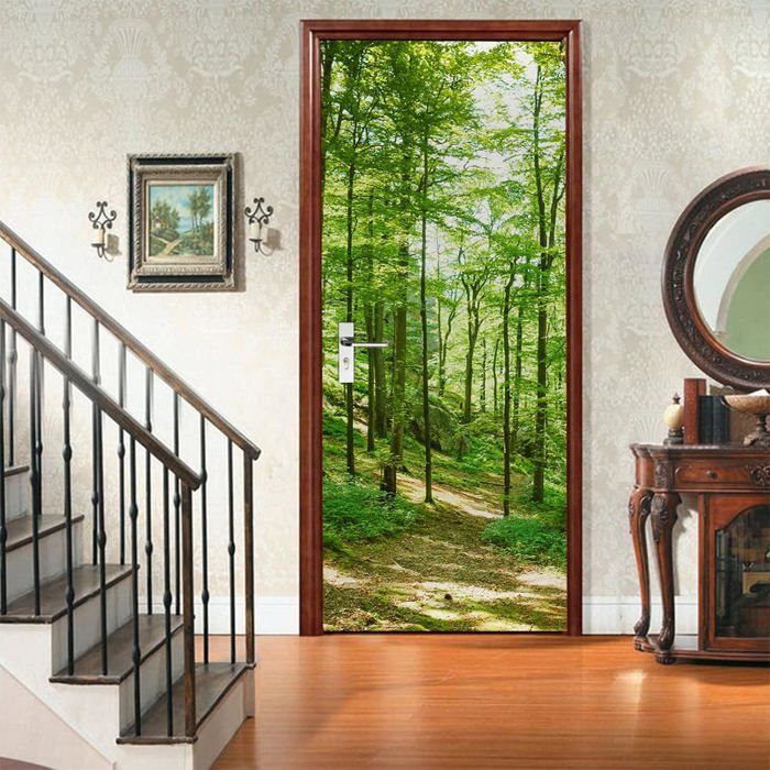 Sticker Porte Autocollant Poster De Porte 3D Arbres Verts Nature Forêt ...