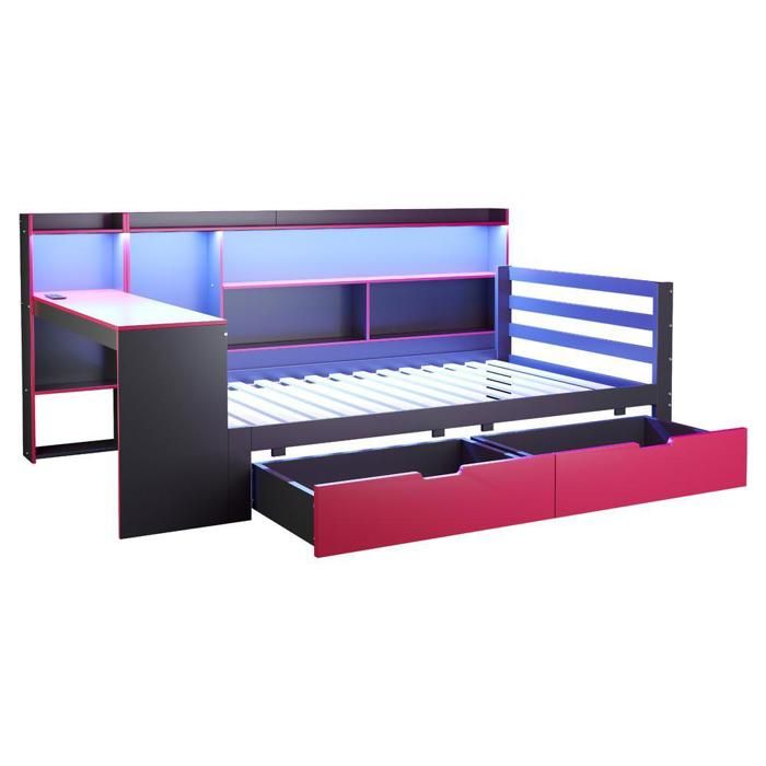 Lit canapé bois 90x200 cm, bureau intégré, bibliothèque, LED ambiance ...