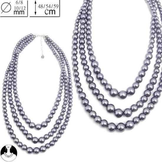 Collier sautoir 3 rangs de perles grises - Cdiscount