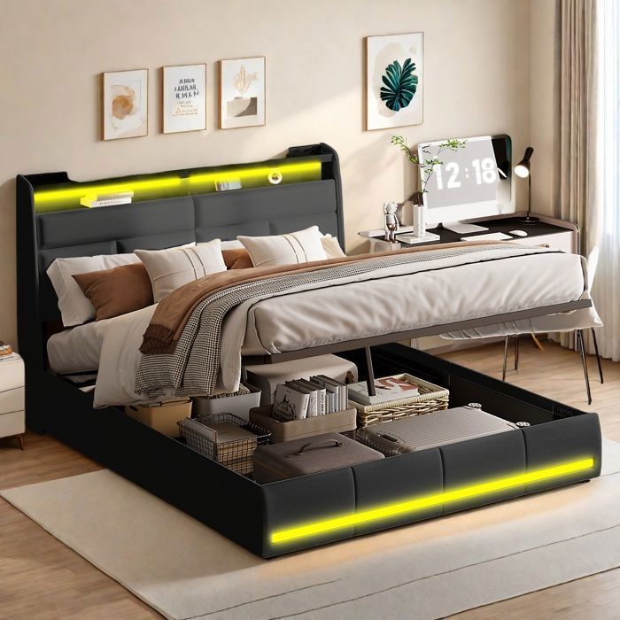 Lit Double 140x200 Moderne avec Rangement Hydraulique et LEDs Intégrées ...