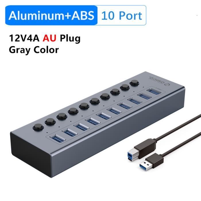 10 ports UA - HUB USB 3.0 industriel, aluminium abs, interrupteur ...