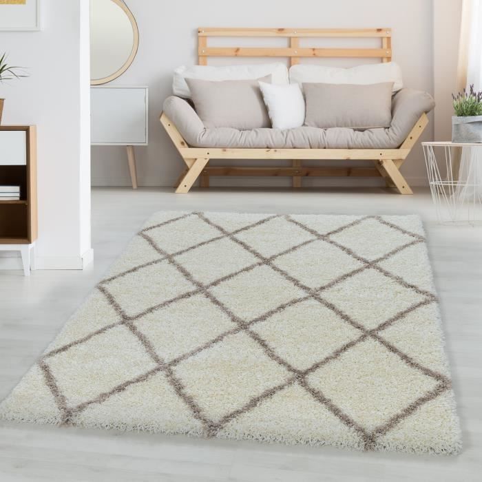 Tapis poils longs au design scandinave losanges tapis shaggy doux pour le salon Couleur: Crème ...