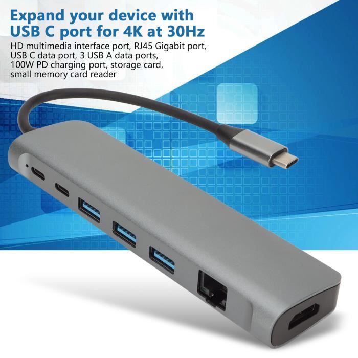 JIA Concentrateur Hub 9 en 1 USB C vers 3 x USB 3.0 / HD 4K / Gigabit ...
