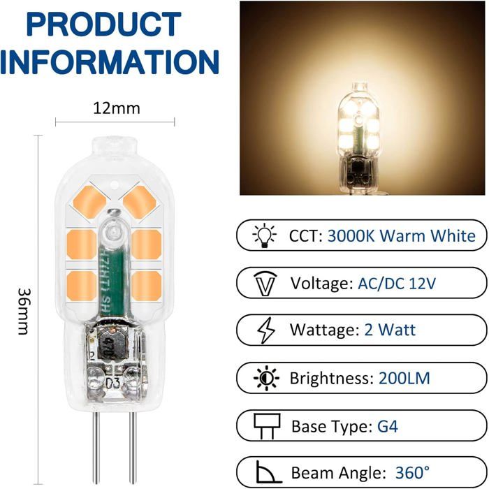 Ampoule LED G4 2W 12V Blanc Chaud 200LM, équivalent Bi Pin G4 10W-20W ...
