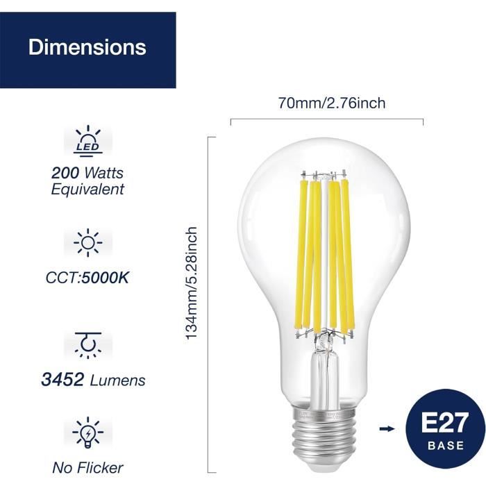 Ampoule Led Edison E27, A70 Led À Filament Lampe 3452Lm Super Brillant ...