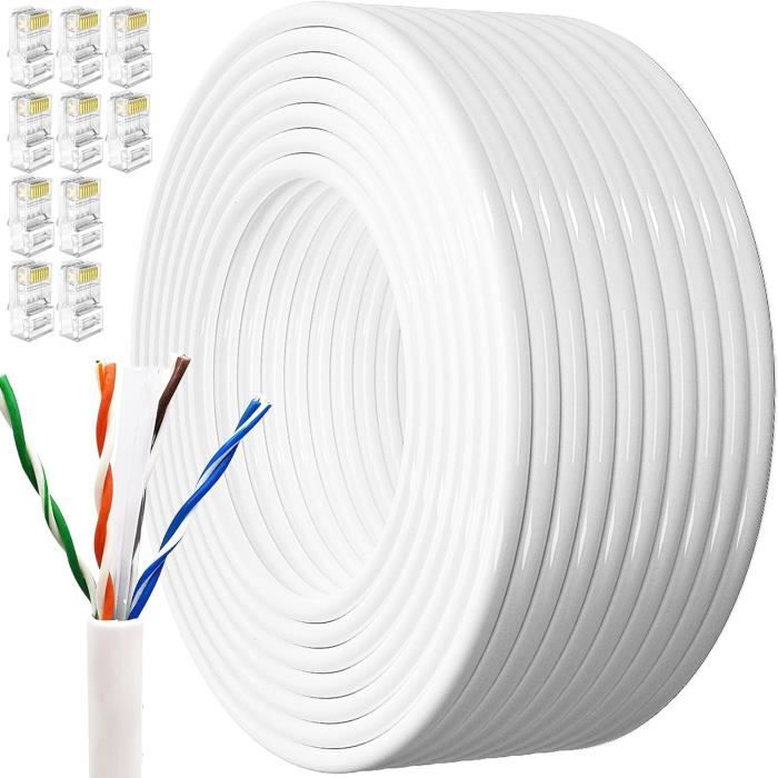 Câble Ethernet 50m Cat 6 RJ45 UTP Blanc MEIPEK - Haut débit 1Gbps ...