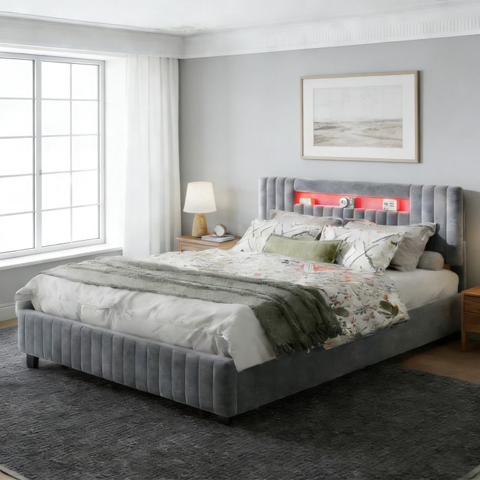 Lit coffre 160x200 cm avec LED, Lit double en velours, Lit adulte avec ...