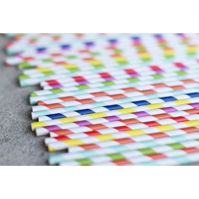 24 Pailles En Papier Stripes Mix Color (Vert, Turquoise, Fuchsia ...