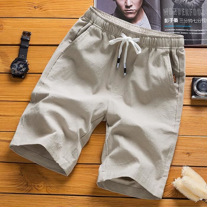 Short,Short en lin de couleur unie pour hommes, ample, respirant ...