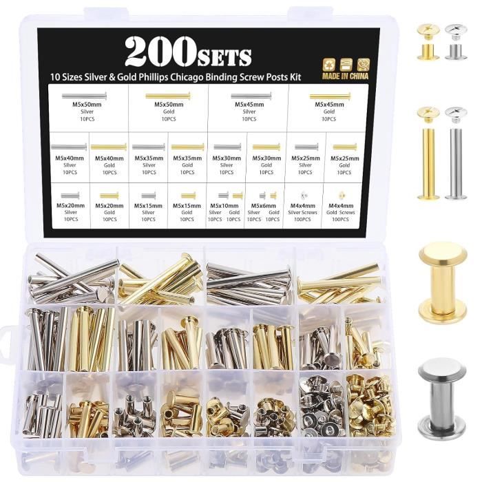 HSEAMALL 400PCS (200Sets) Kit Assortiment de Vis de Reliure Chicago, 10 ...