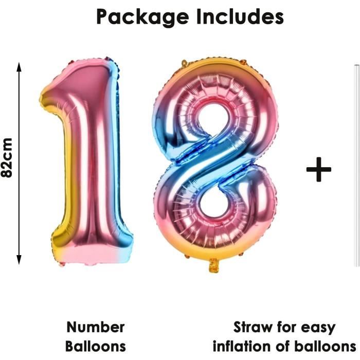 Ballons Anniversaire 18 Ans Arcenciel, 83Cm Helium Ballon Chiffre 1 Et ...