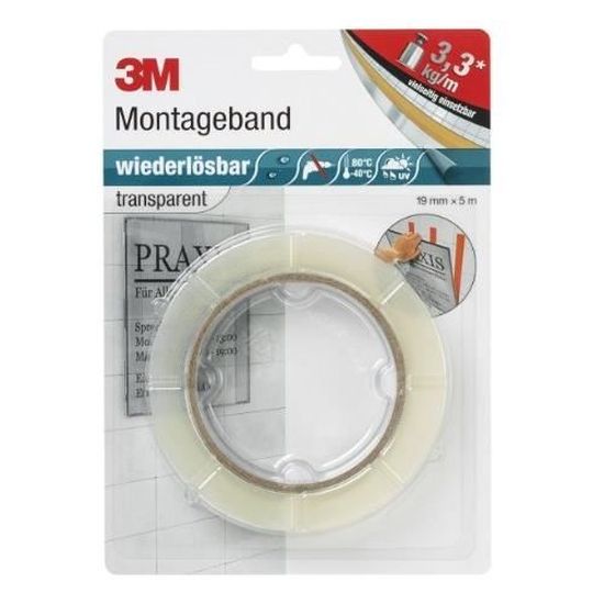 3M 8899195 RUBAN DE MONTAGE AUTOCOLLANT RÉUTILISABLE TRANSPARENT 19 MM X 5 M - Cdiscount Bricolage