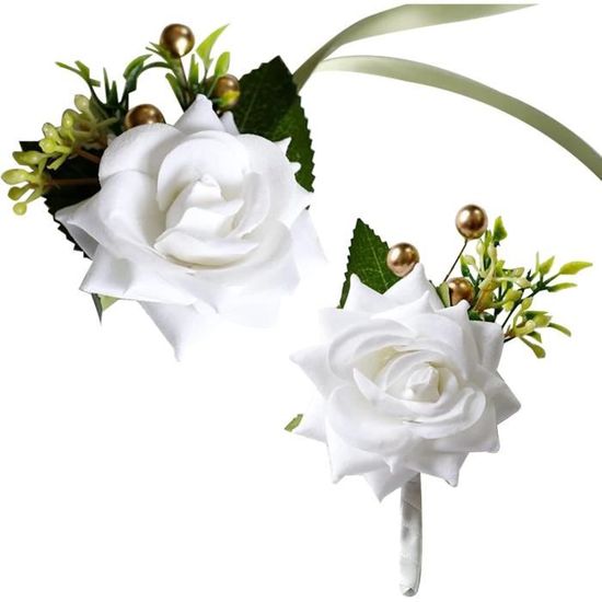 2Pcs Blanc Poignet Corsage Fleurs De Mariage Accessoires Artificielle ...