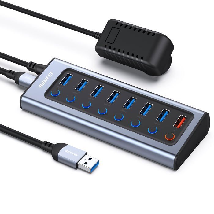 BENFEI Hub USB alimenté, hub répartiteur USB 3.0 8 ports (7 ports de transfert de données plus ...