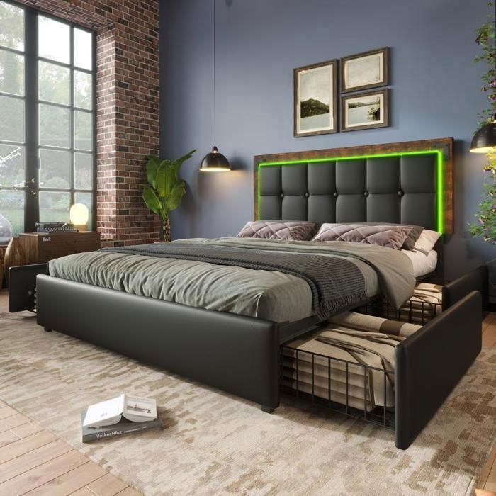 Lit avec tiroirs Lit adulte 160x200 cm Lit avec rampe lumineuse LED et ...