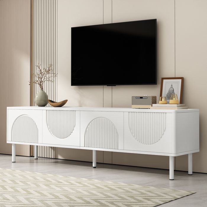Meuble TV Bas Moderne 180cm Blanc Mat - 4 Portes, Design 3D, Gestion ...