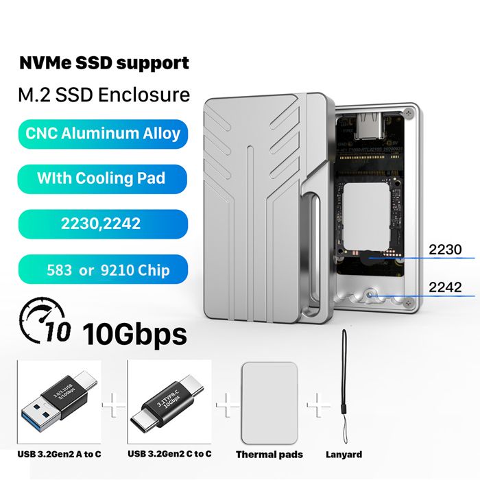 Boîtier portable pour SSD M.2 NVMe 2230,adaptateur USB 10Gbps,USB3.2 ...