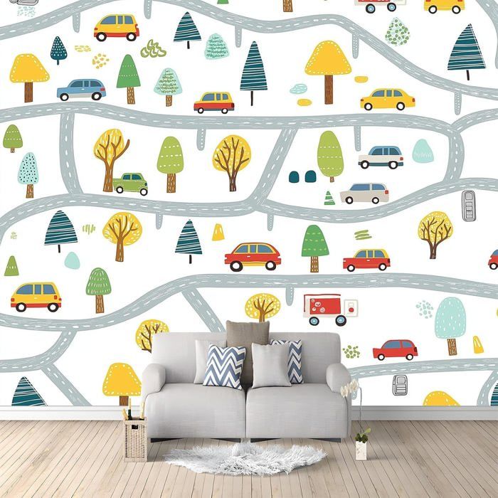 Papier Peint Carte voiture Arbres Route Papier peint Style dessin animé ...