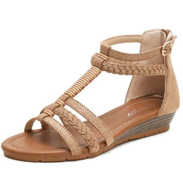 Sandale Femme Sexy Chaussures Bohémienne été Compensées Talons Brun ...