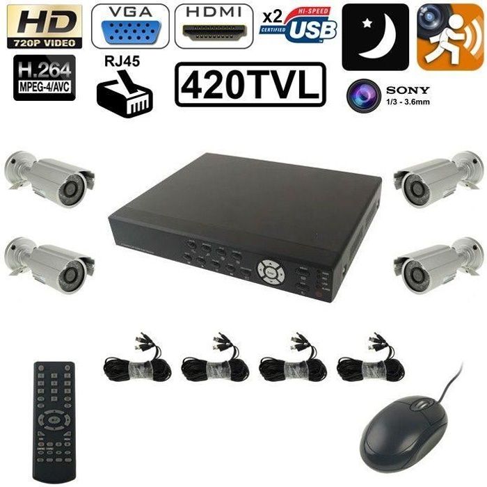 Kit Enregistreur Numérique DVr Vidéo Surveillance 4 Cameras Ccd Sony 1 3 420 Tvl Métal YONIS ...