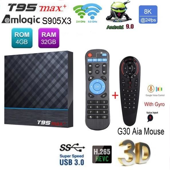 Ue Plug - 4G 32G G30 - Boîtier Smart TV T95 MAX Plus Amlogic S905X3, android 9.0,5G, double WIFI ...