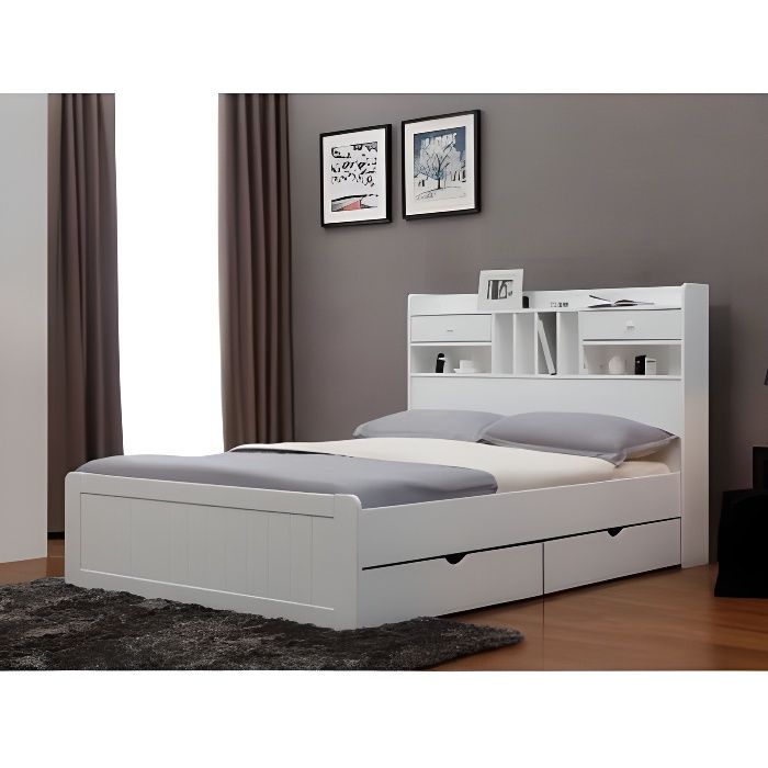 Lit avec rangements MEDERICK - 140x190cm - Pin blanc - Bois - Panneaux ...