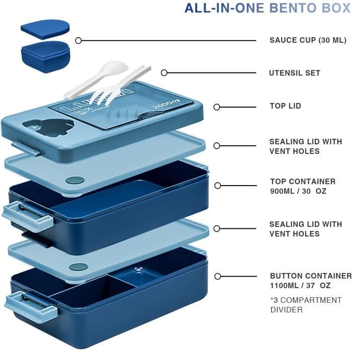 Boîte à lunch - ZGEER - Bento 2000ML - Empilable 2 niveaux - Anti-fuite ...