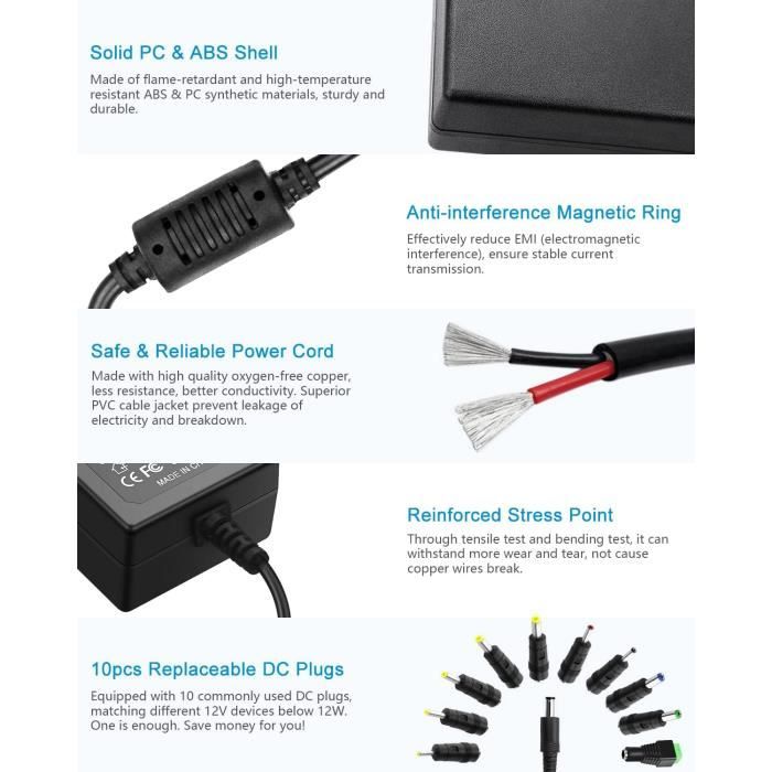 Adaptateur Secteur 12V 3A Alimentation Universelle AC DC DC 12V 3000mA ...