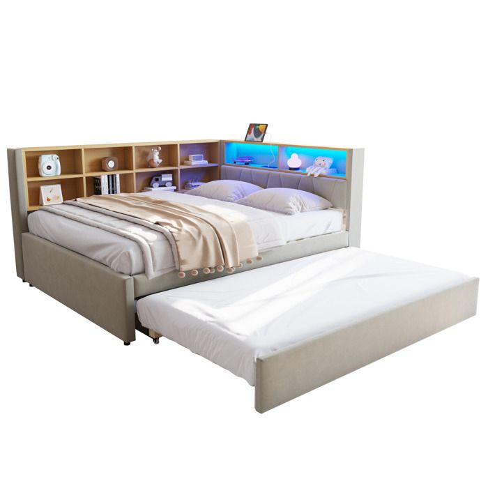 Lit Banquette 2 Places 140×200 et 90×190 cm avec LED, USB, Type-C et ...
