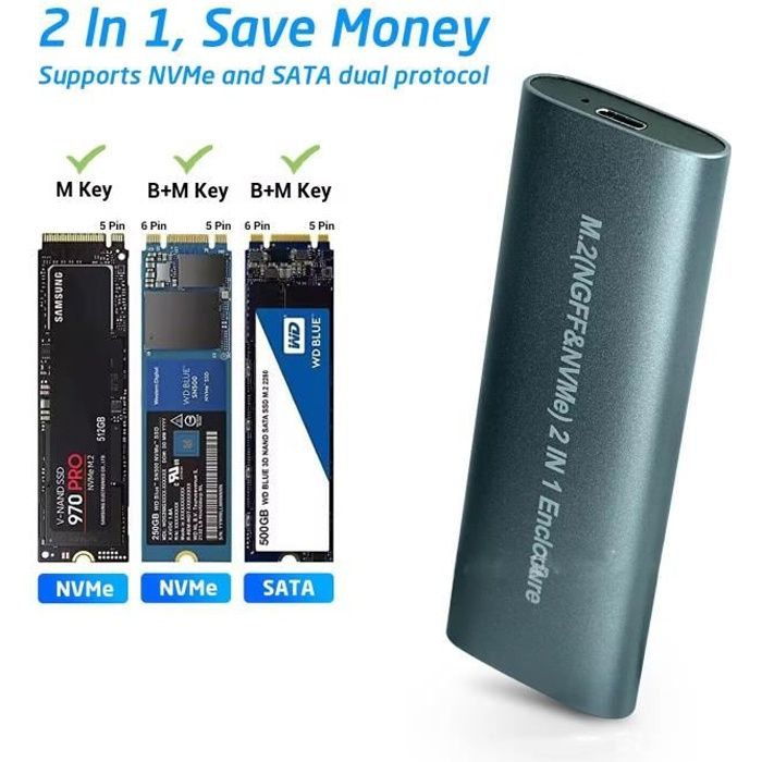 Boîtier M.2 NVME SSD vers USB 3.1, boîtier M2 NVMe double protocole 10Gbps, adaptateur de ...