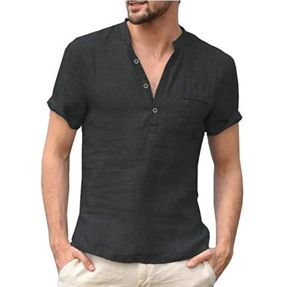 Chemise en lin - FUNMOON - Col V - Haute qualité - Décontractée - Noir ...