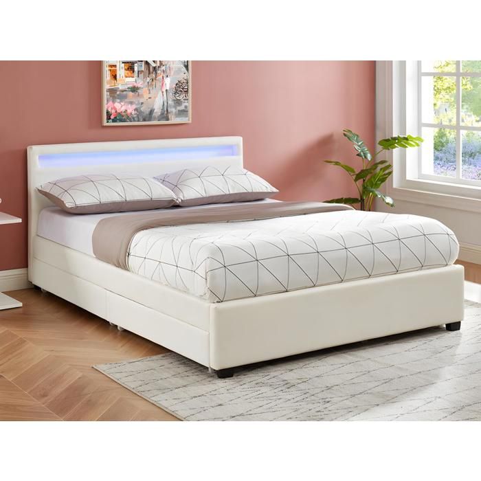 Lit 160 x 200 cm avec rangements - Simili blanc avec LEDs + Matelas ...