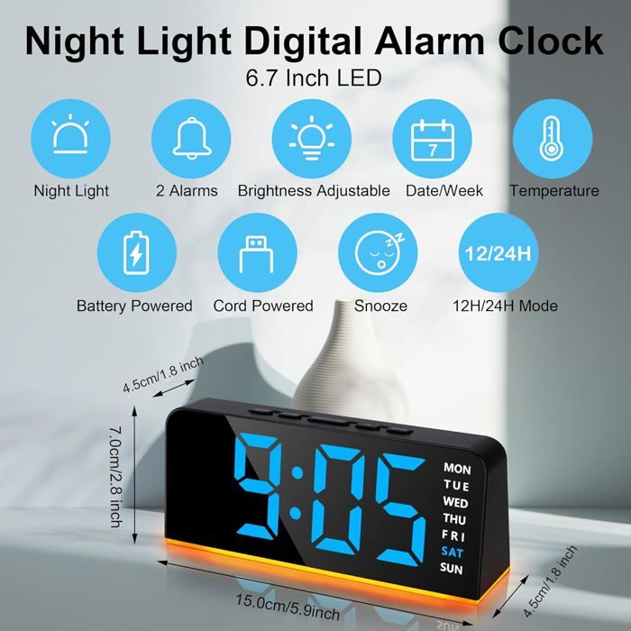 Digital Alarm Clock with Lower Nightlight, LED Alarm Clock with Large ...