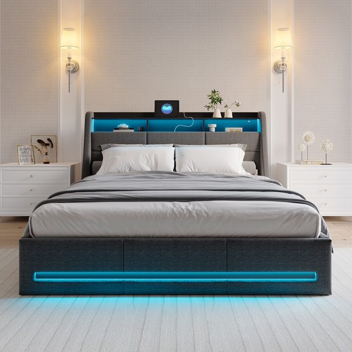 Lit coffre 160x200 avec LED et USB - Lit double hydraulique avec ...