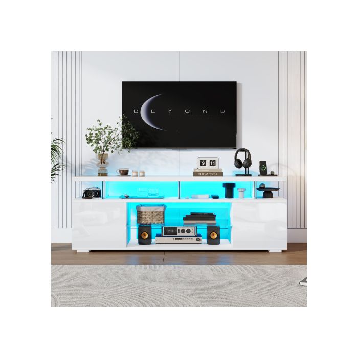 Meuble TV moderne à panneau bas brillant avec éclairage LED, panneau TV ...