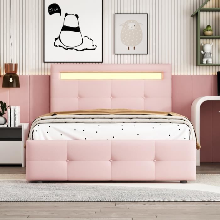 Lit fille 90x200 cm avec LED et 2 tiroirs, lit enfant avec sommier à ...