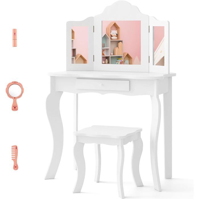 COSTWAY Coiffeuse Enfant Rose avec Tabouret, Table de Maquillage avec ...