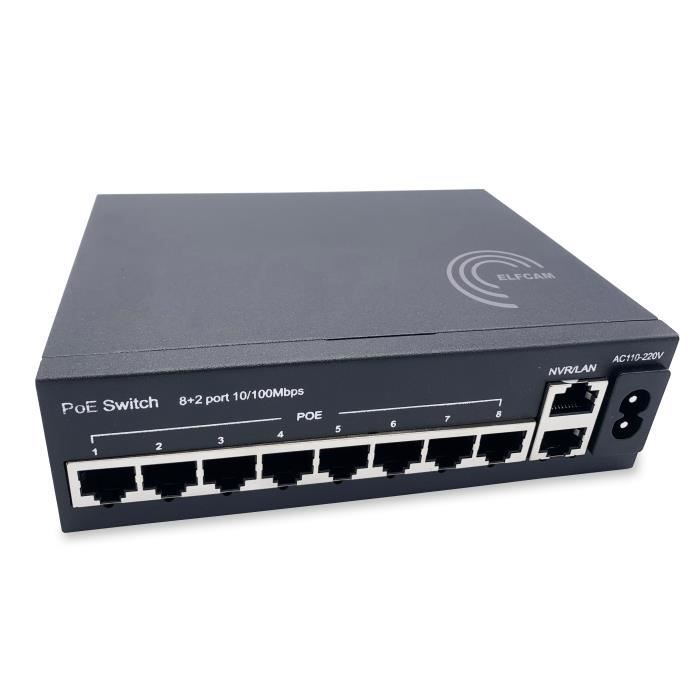 Elfcam® - 8 Ports PoE Ethernet Switch avec 2 Ports Uplink 10-100Mbps, Plug & Play Non Gere ...