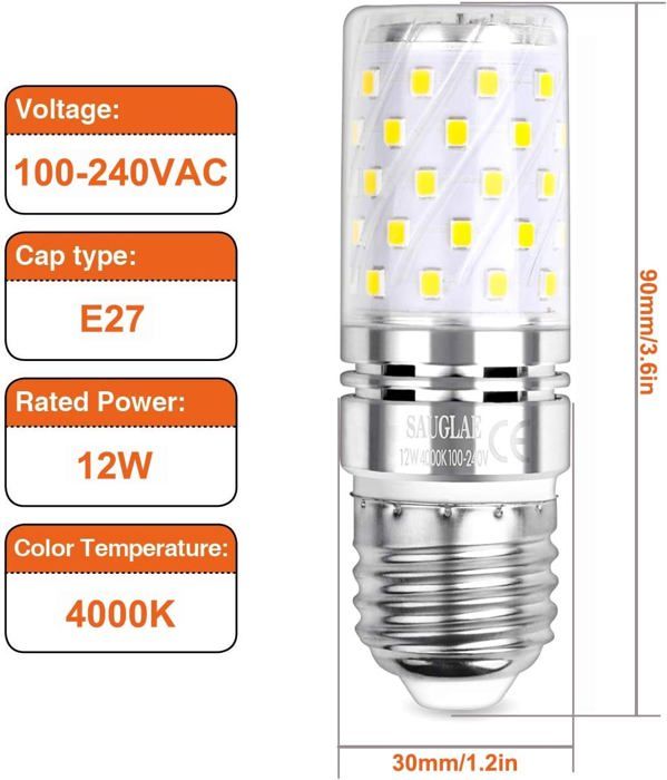 LED Ampoule à Maïs 12W 100W Équivalent Ampoules à Incandescence E27 Edison Vis 4000K Blanc ...