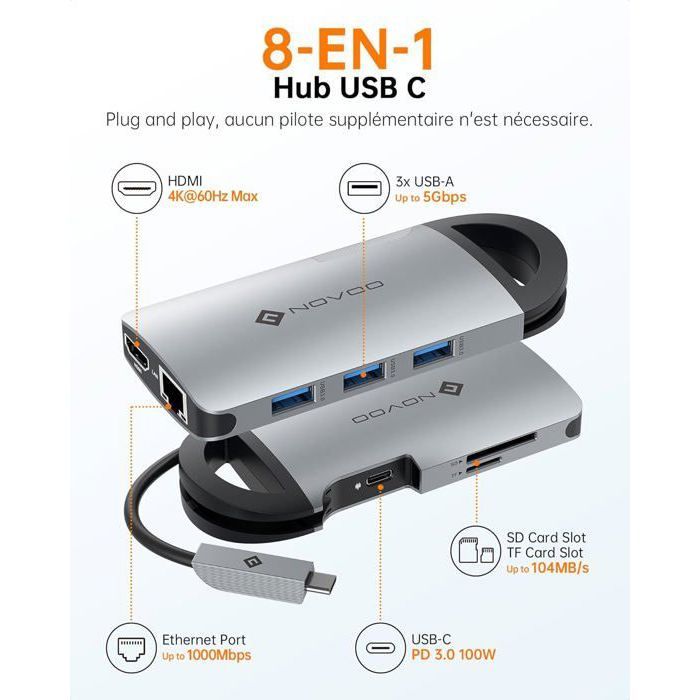 USB C Hub 8-en-1 Adaptateur USB-C vers HDMI 4K PD 100W 3 x USB 3.0 ...